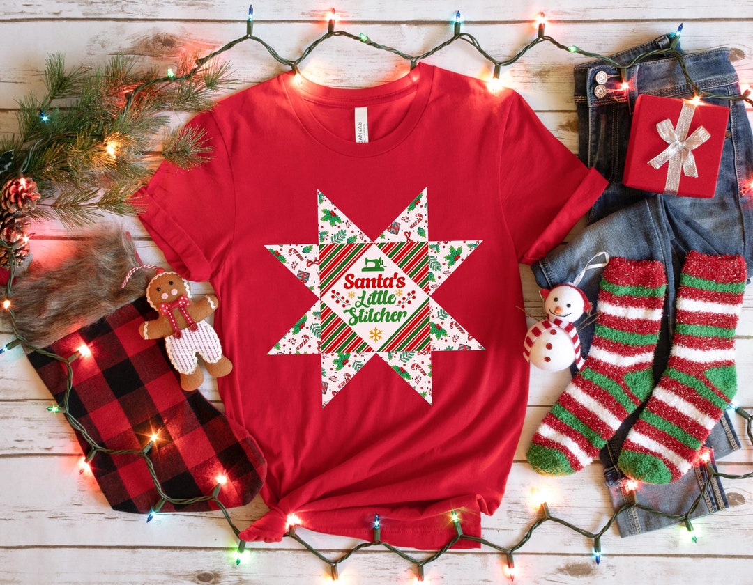 Cute Christmas Quilt Block Tshirt Santa's Little Stitcher Sewing ...