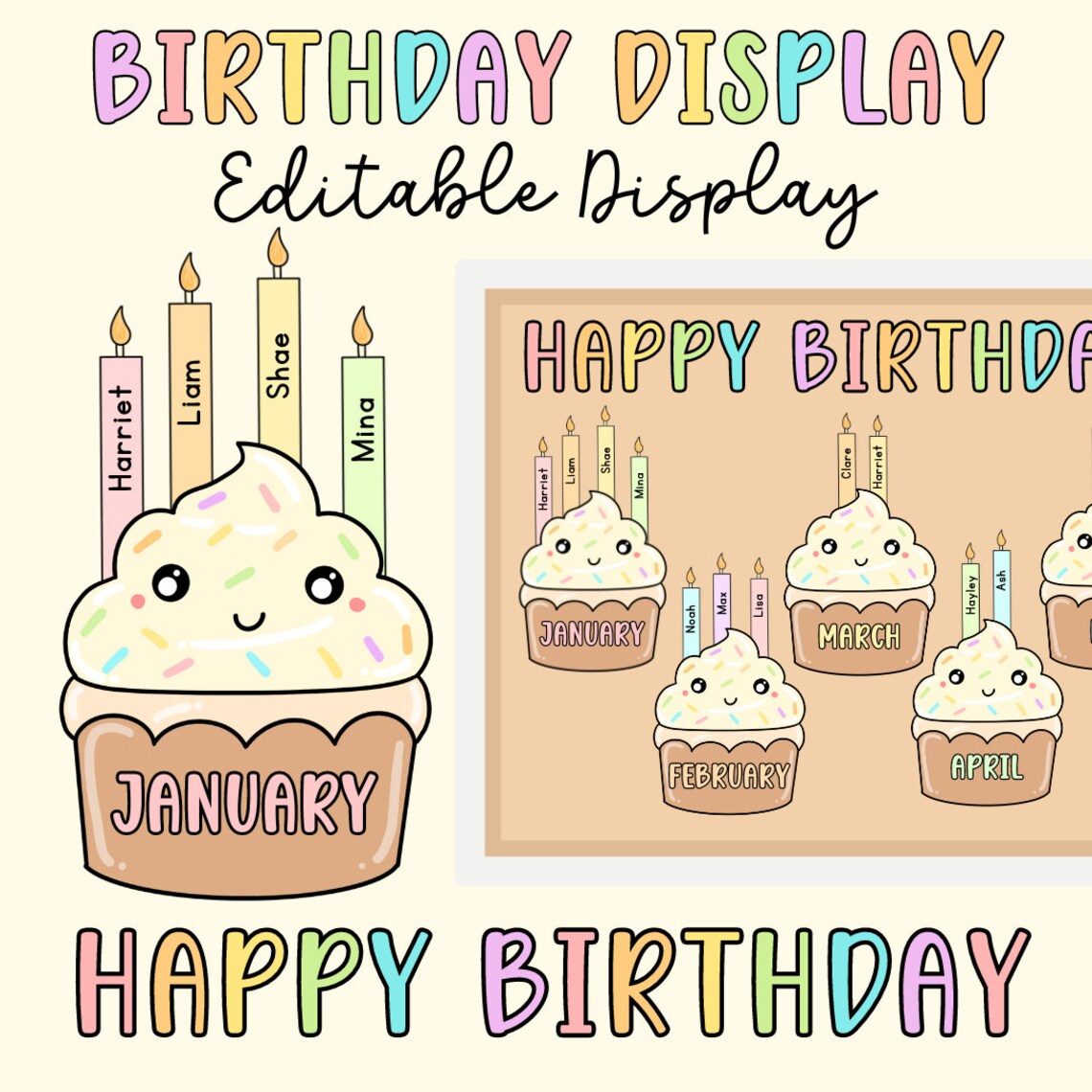 DIGITAL Happy Birthday Cupcake Display, Cake Decor, Printable, Editable ...