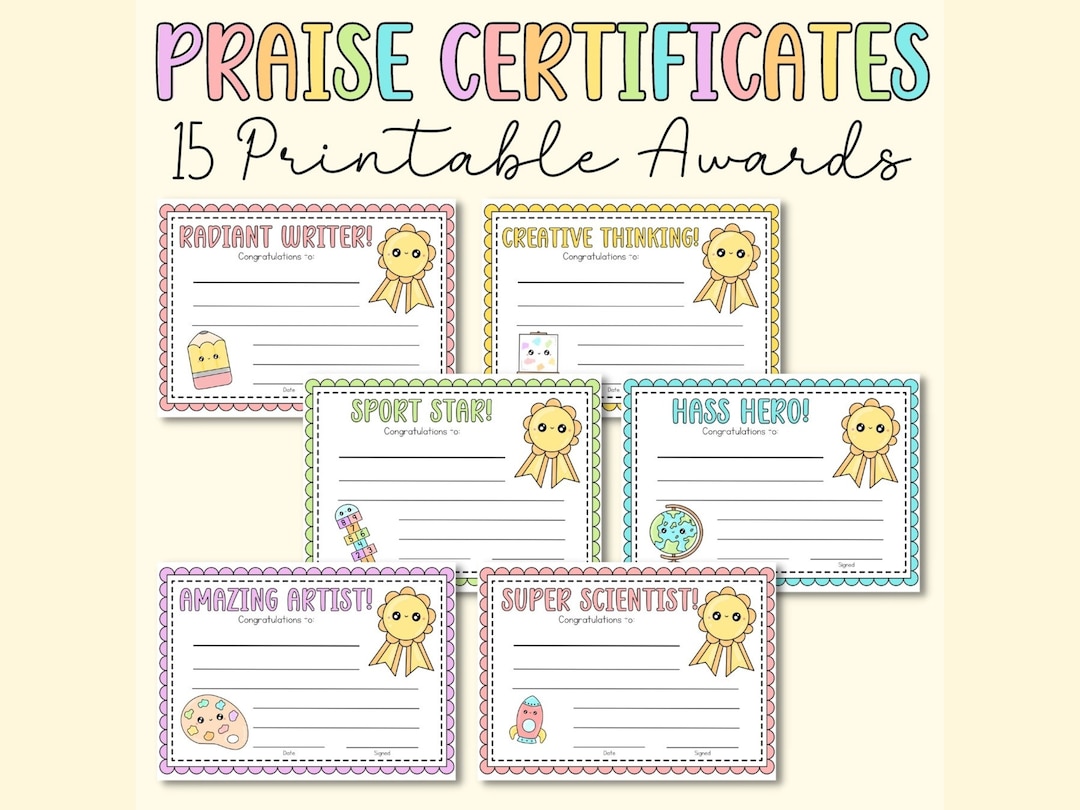 DIGITAL Printable Praise Certificates, Subject Awards, Printable ...