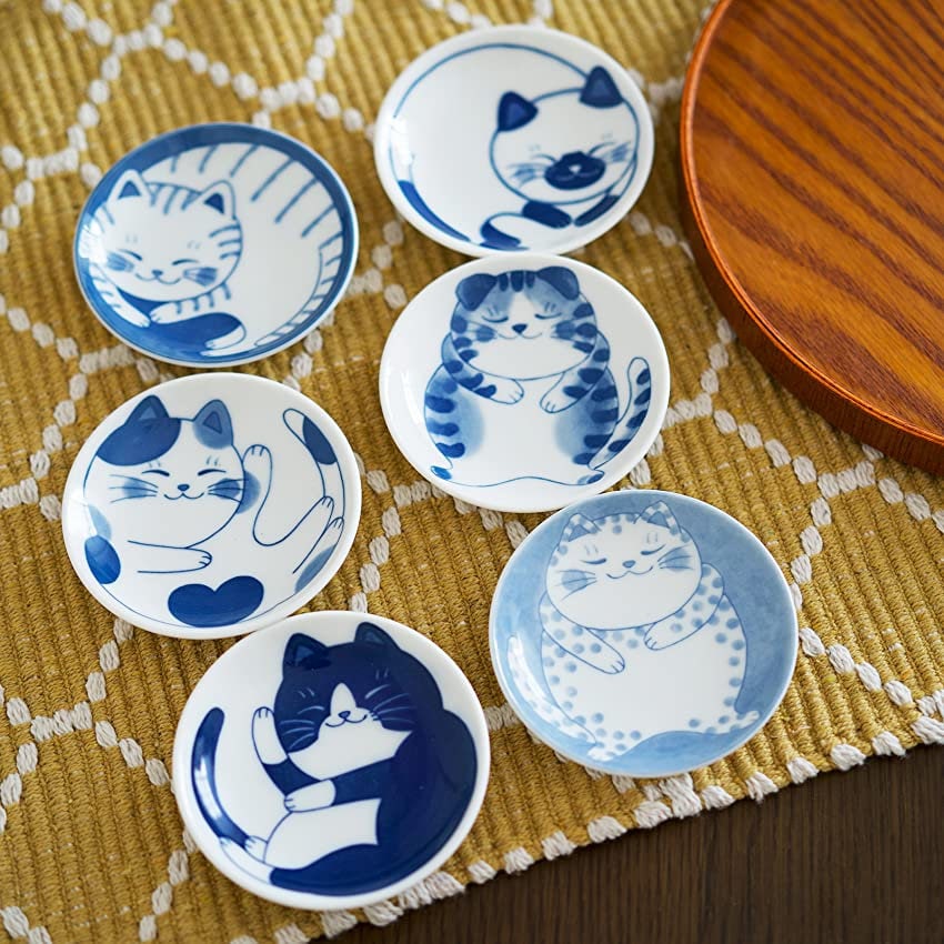 Set of 5 Japanese Mino Ware Ceramic Plate Hand-drawn Cat, Small Sauce ...