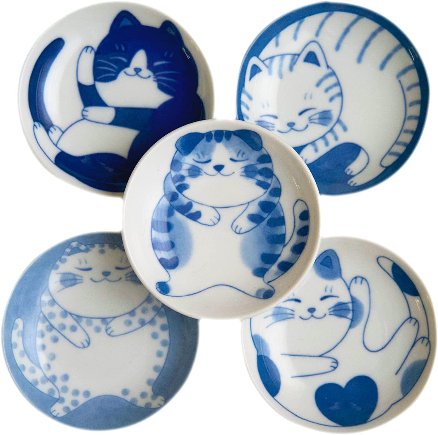 Set of 5 Japanese Mino Ware Ceramic Plate Hand-drawn Cat, Small Sauce ...