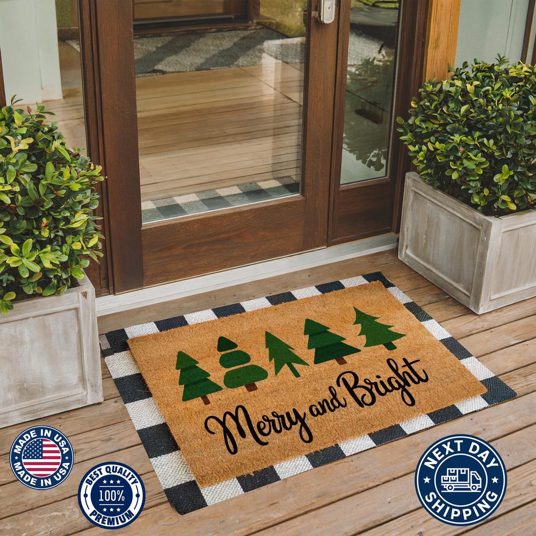 Merry and Bright Doormat, Christmas Doormat, Christmas Tree Doormat ...