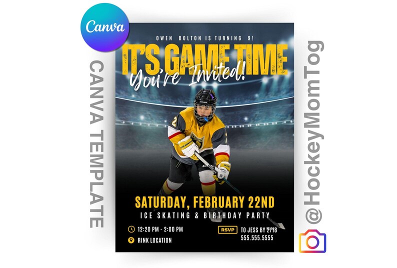 Hockey Birthday Party Invitation Template | Editable Canva Invite | Ice ...