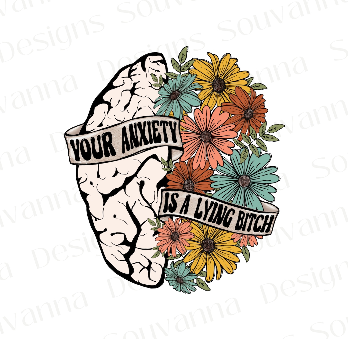 Your Anxiety Half Brain Half Flowers PNG Files for - Etsy