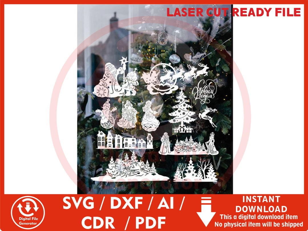 Laser Cut Christmas Wall Decals Winter Window Cling Vector SVG Dxf ...
