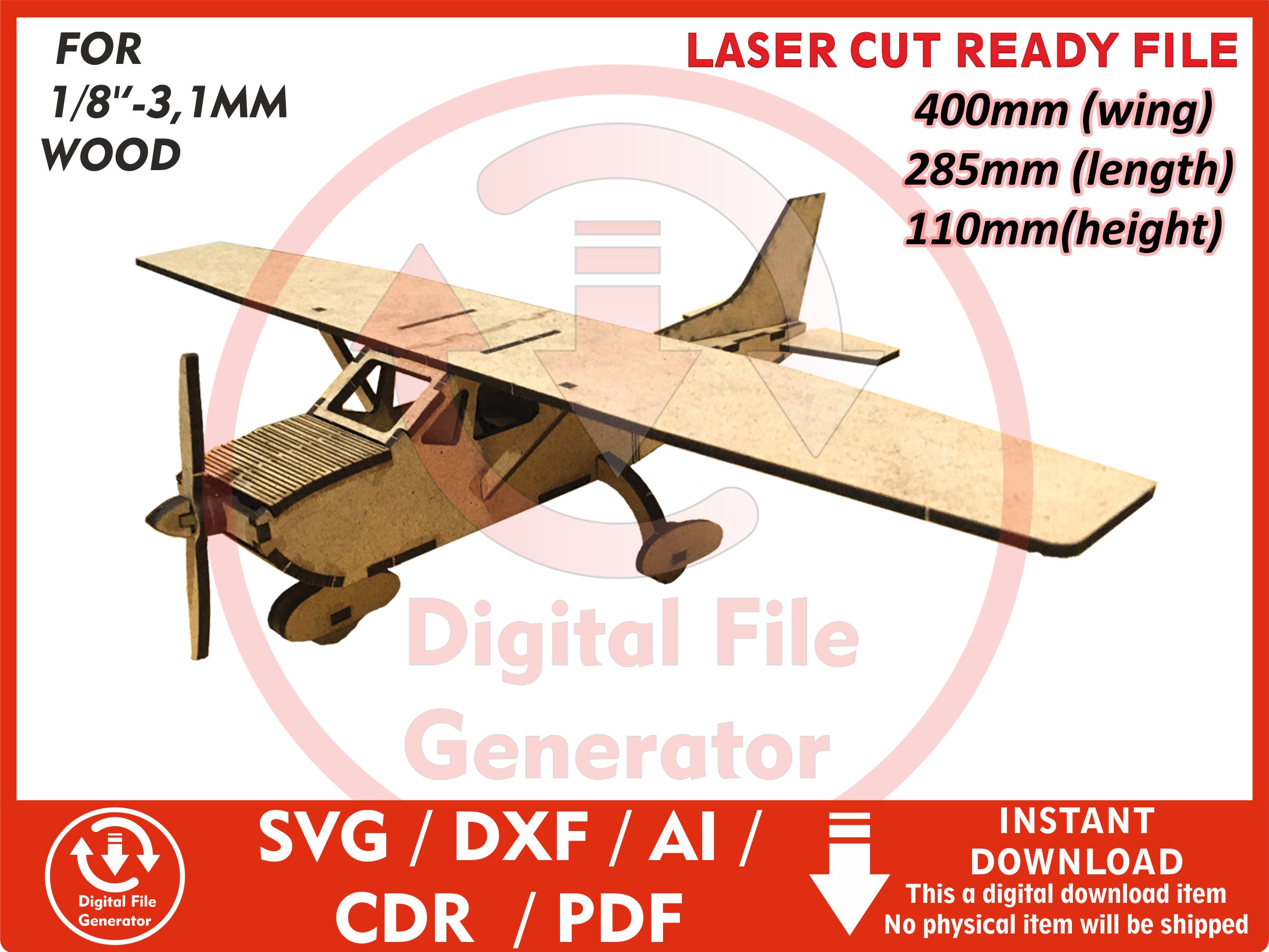 Cessna 3D Puzzle Air Plane Model for 1/8" or 3.1mm Wood - SVG / Dxf ...