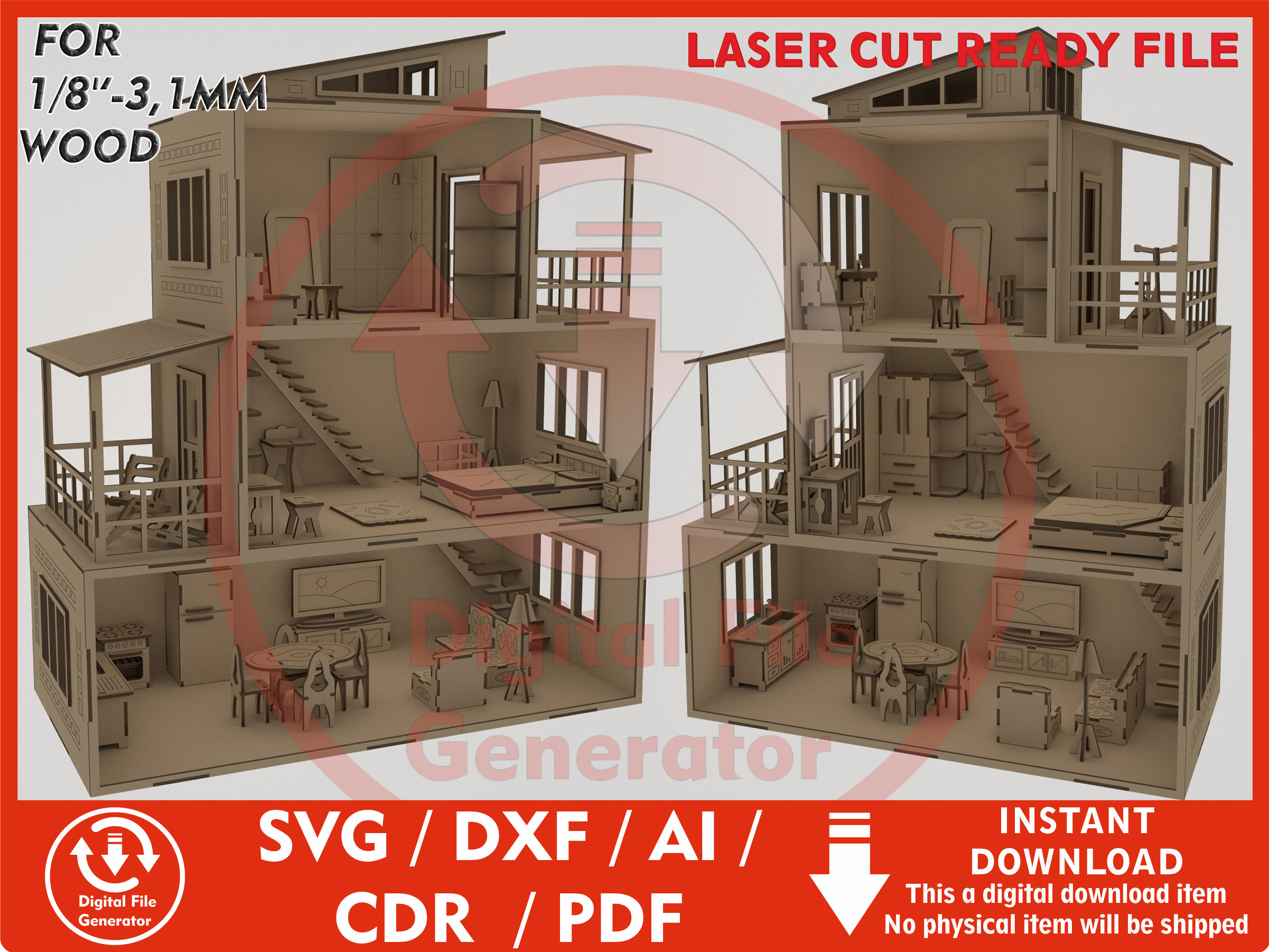 Laser Cut Doll House Furniture 24 Digital File Glowforge Doll House Kit ...