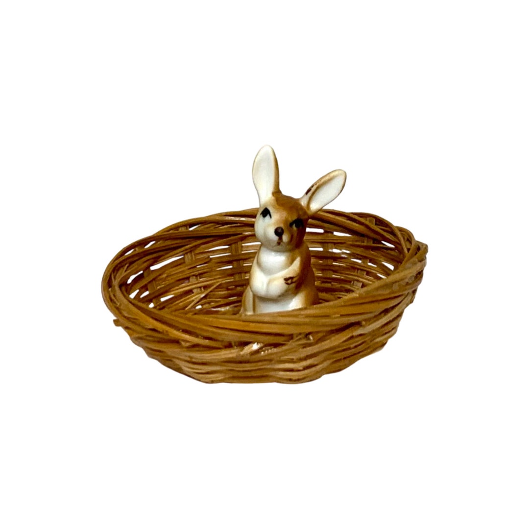 Rabbit in A Wicker Basket Miniature Figurine Set, Brown + White Rabbit ...