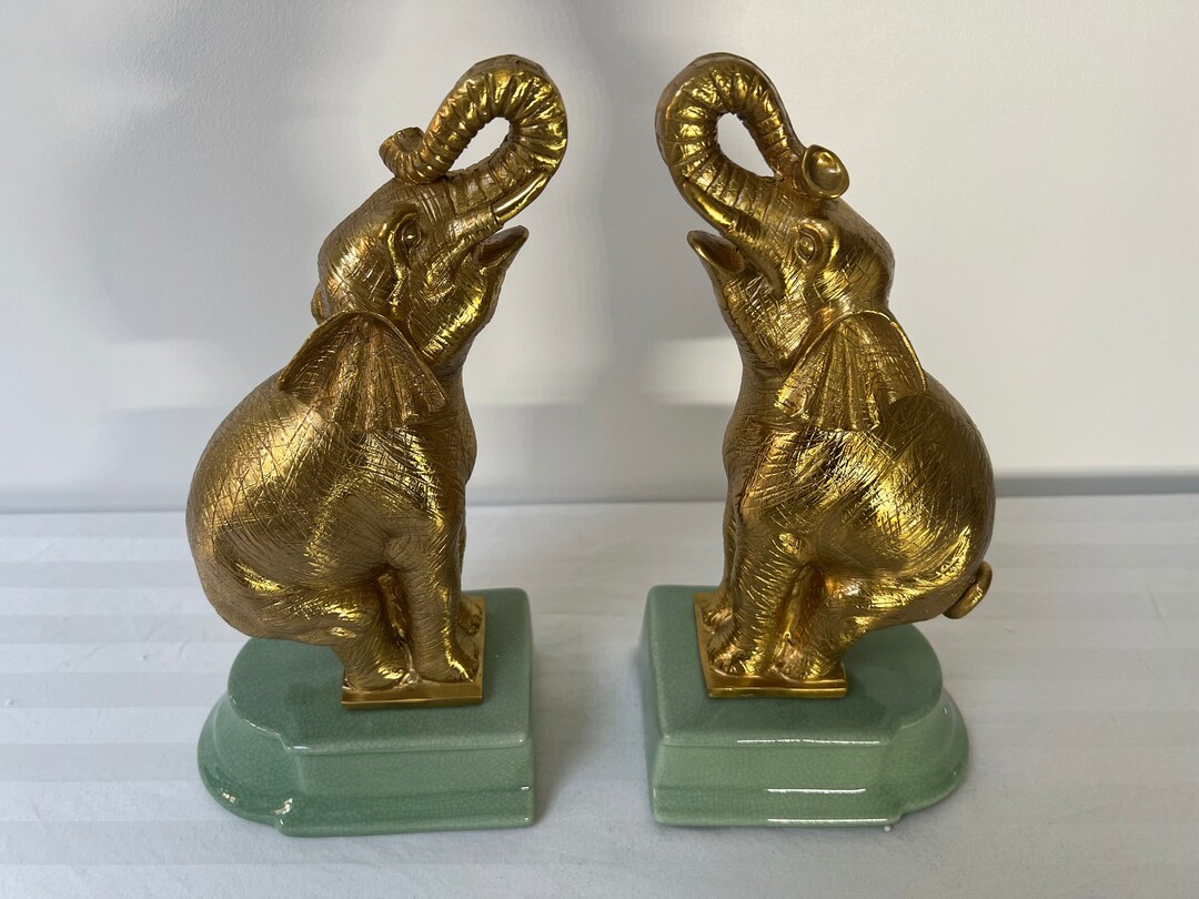 Elegant Pair of Bronze Elephant Bookends With Hand-painted Porcelain ...