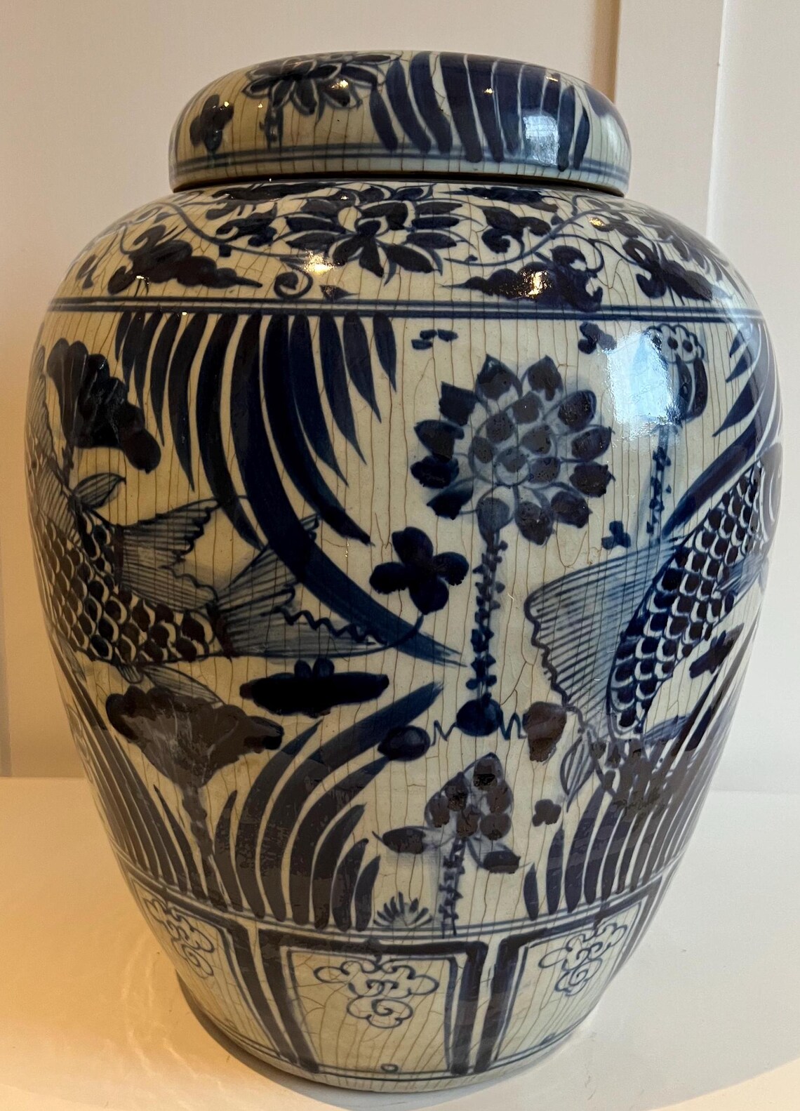 Large Gourd Shape Flat Lidded Jar Storage Pot With Koi Fish ...