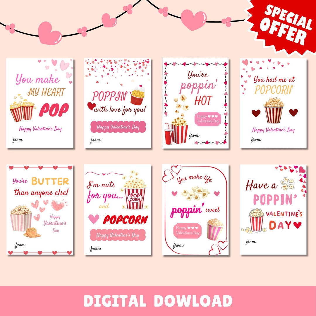 Cute Popcorn Valentine Cards, Class Valentines for Kids, Valentine Card ...