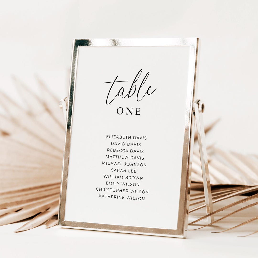 Minimalist Table Number Cards With Names, Modern Printable Table Number ...
