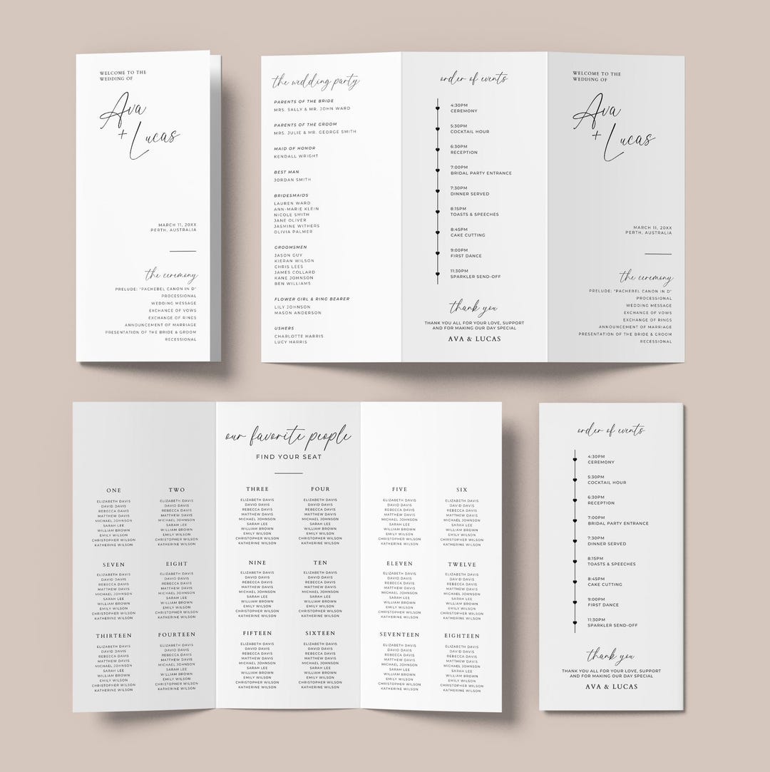 Trifold Wedding Program Template, Modern Folded Wedding Order of Events ...