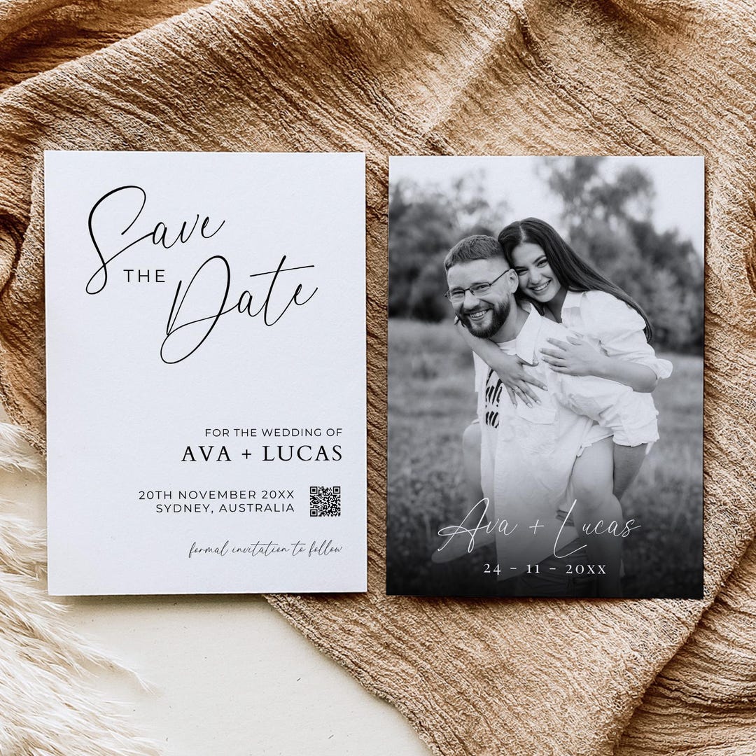 Photo Save the Date Card Template With QR Code, Modern Minimalist Save ...