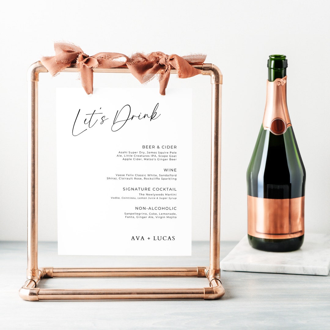 Let’s Drink Bar Menu Sign Template for Wedding, Editable Engagement ...