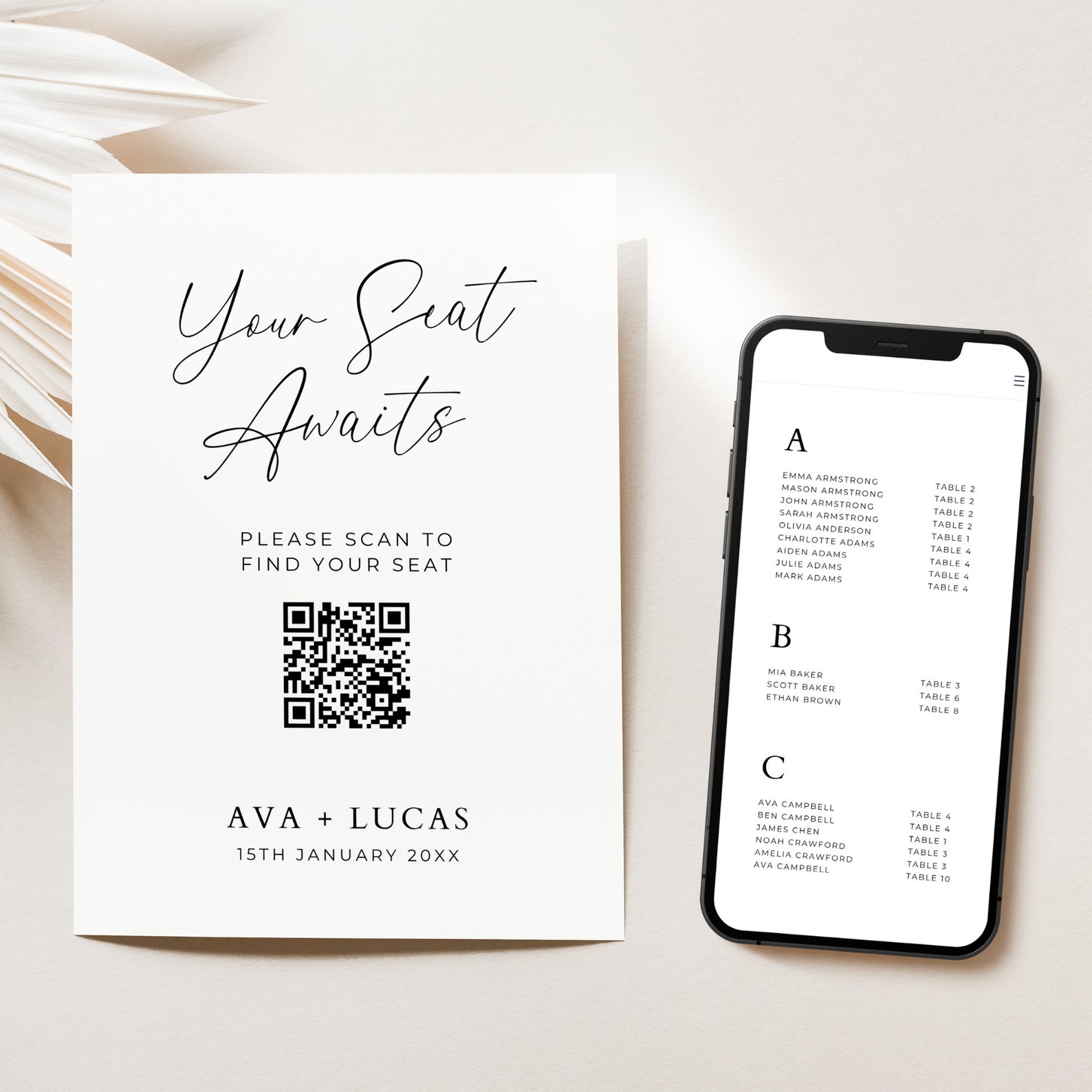 Digital Seating Chart With QR Code Sign Template, Wedding Alphabetical ...