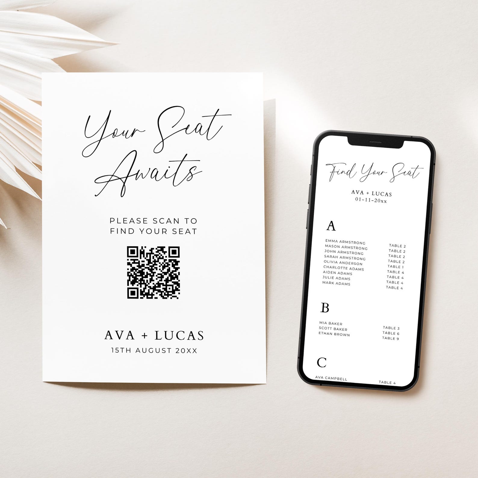 Digital Seating Chart With QR Code Sign and Menu Template, Wedding ...