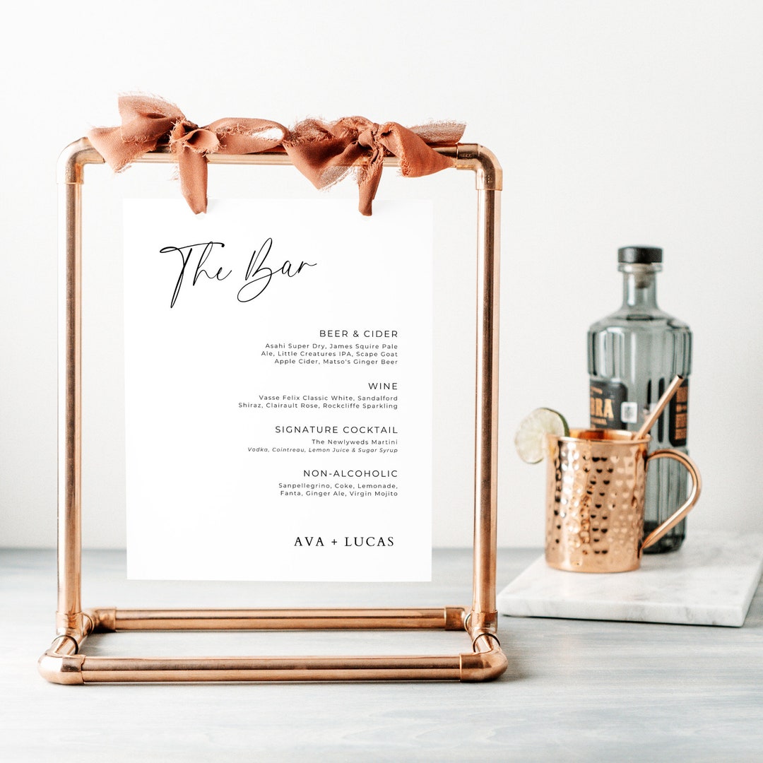 Bar Menu Sign Template, Wedding or Engagement Party Drinks Menu, Modern ...