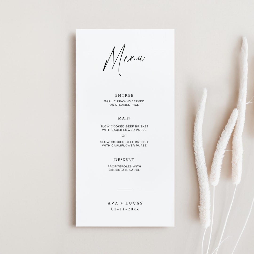 Modern Menu Card Template, Simple Minimalist Three Course Dinner Menu ...