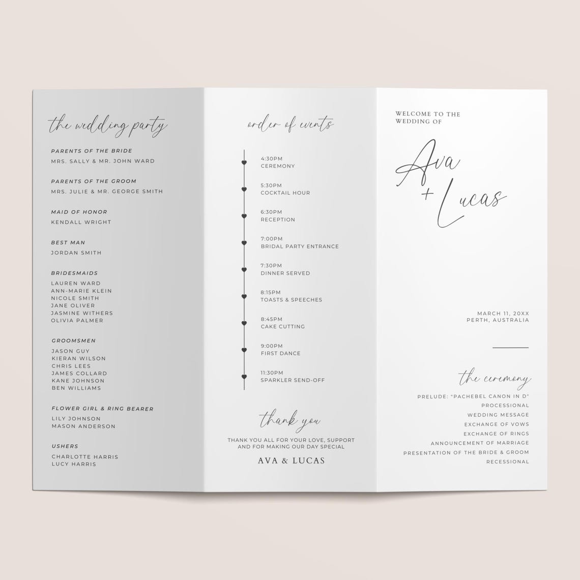 Trifold Wedding Program Template, Modern Folded Wedding Order of Events ...