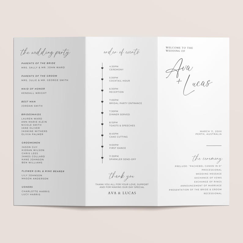 Trifold Wedding Program Template, Modern Folded Wedding Order of Events ...