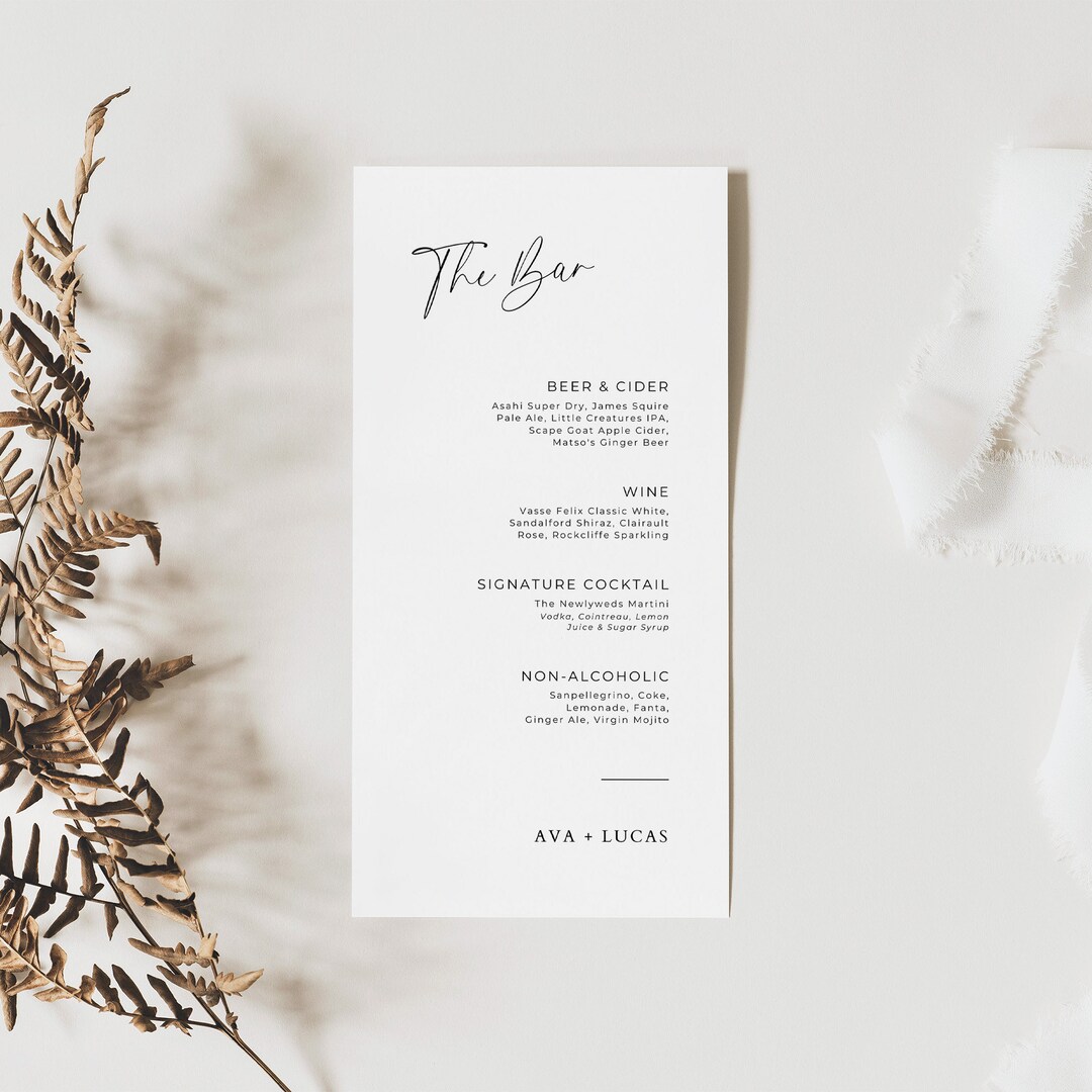 Modern Bar Menu Cards, Elegant Wedding Signature Drinks List ...