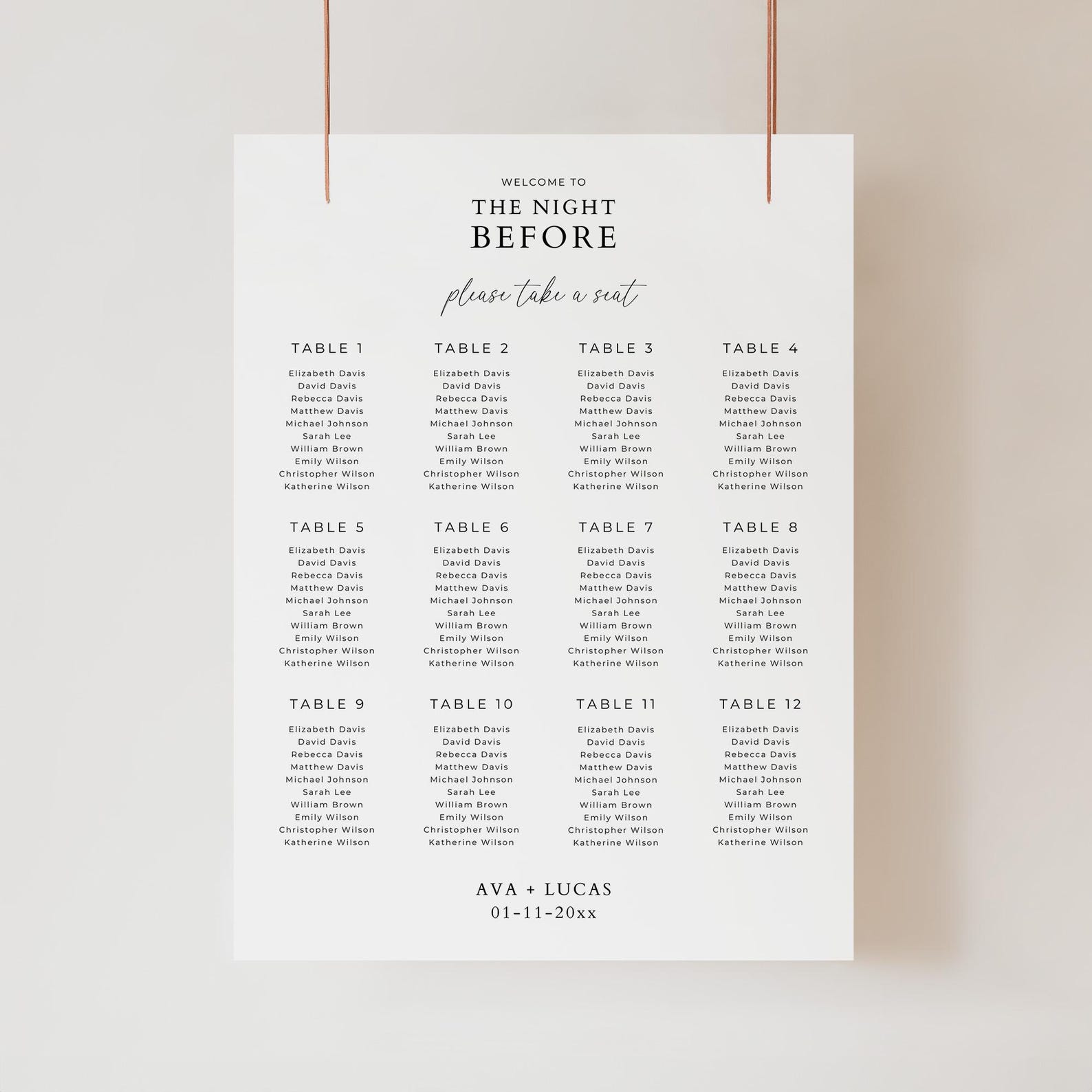 Rehearsal Dinner Seating Chart Template by Table Number, Minimalist the ...