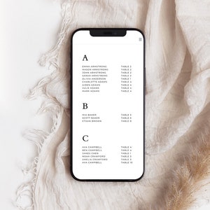 Digital Seating Chart With QR Code Sign Template, Wedding Alphabetical ...