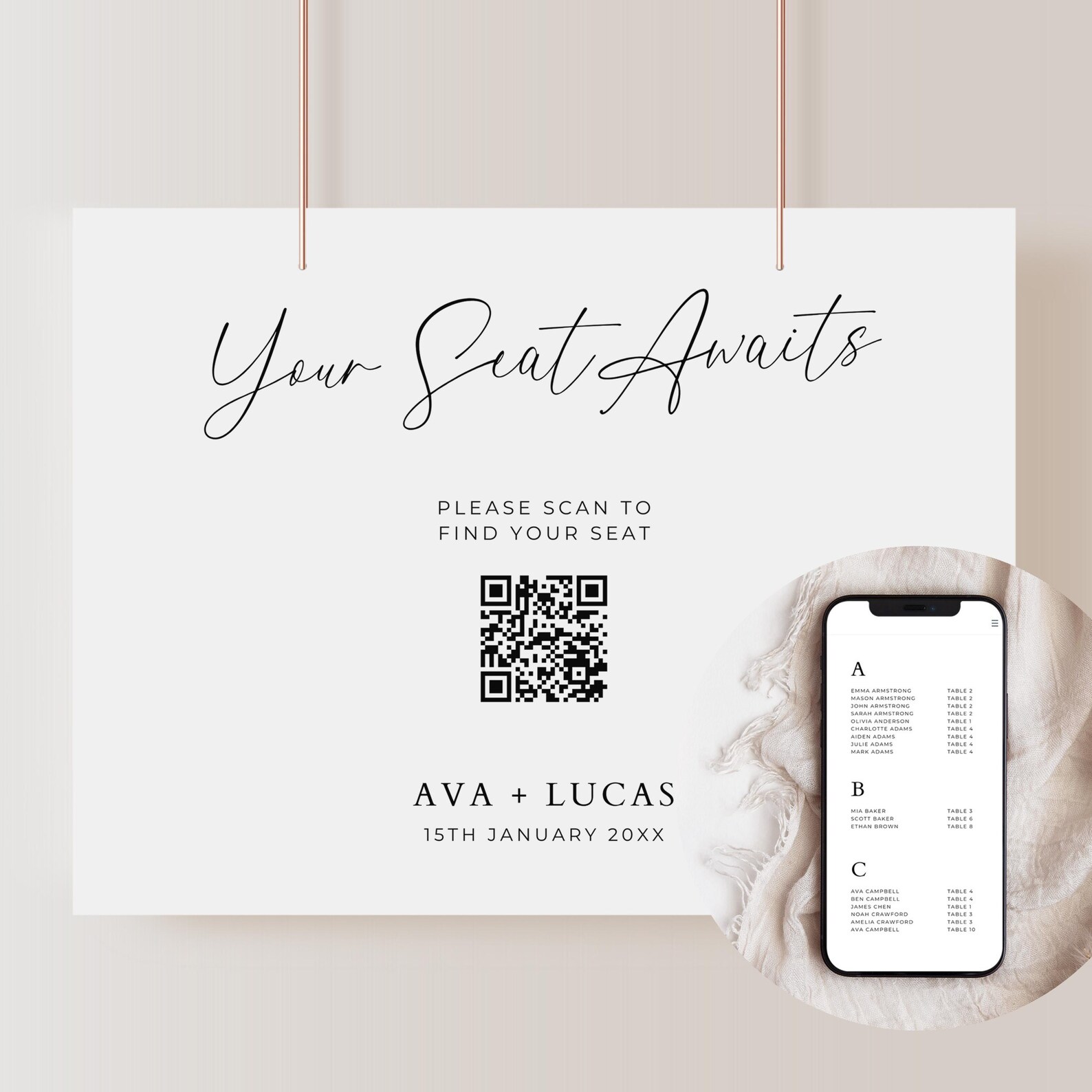 QR Code Digital Seating Chart Sign Template, Alphabetical Order Wedding ...