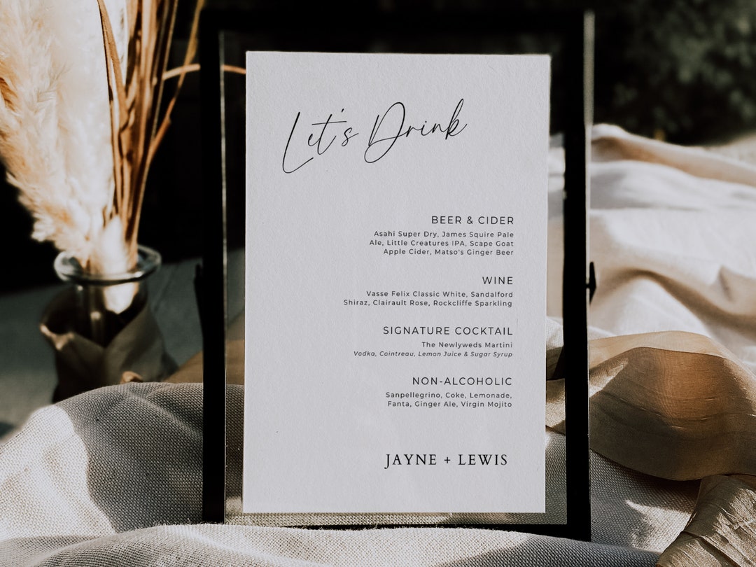 Wedding Drinks Menu Template, Let's Drink, Wedding Bar Menu Sign, Drink ...