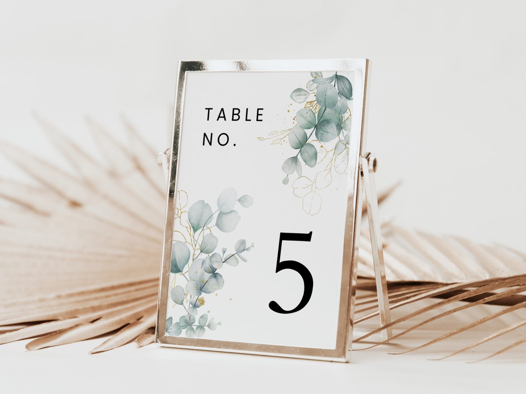 Wedding Table Numbers Gold Leaf Foliage With Eucalyptus Greenery ...