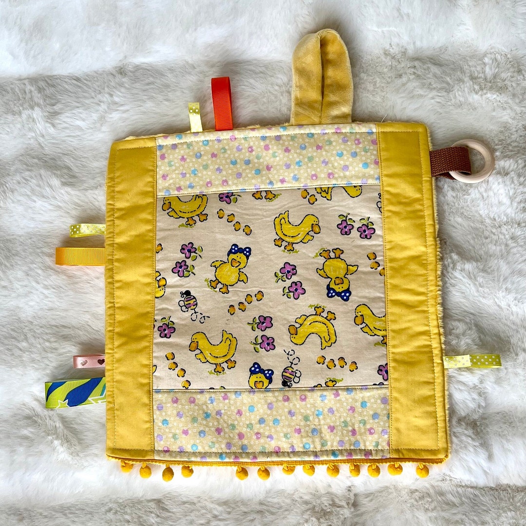 Yellow Baby Sensory Blanket, Lovey With Ducks Print and Wooden Teething ...