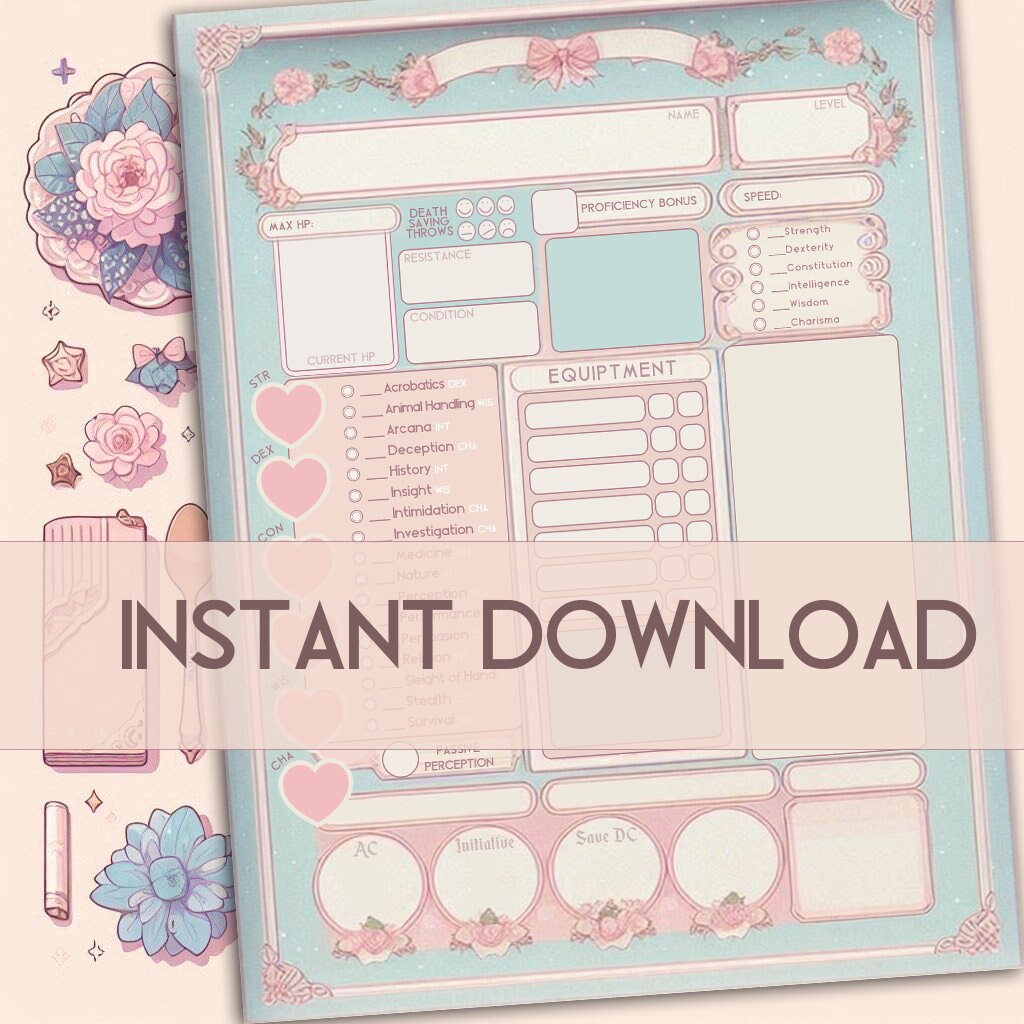 Pastel Vintage Dnd Printable Character Sheet, RPG Character Sheet, Dnd ...