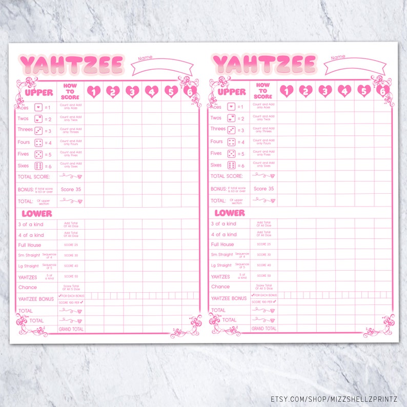 Pink Yahtzee Score Cards Yahtzee Score Sheets, Yahtzee Score Pad, Print ...