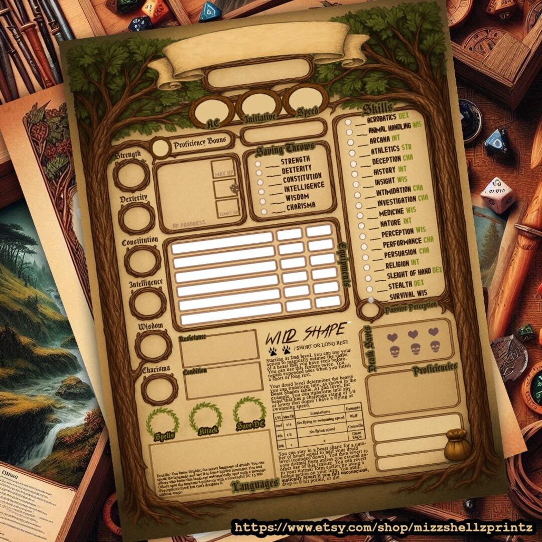 Druid | Dnd Printable Character Sheet | Canva Editable | RPG Character ...