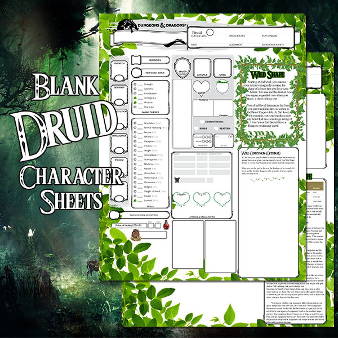 DRUID Dnd 5e Printable Character Sheet - Etsy DRUID Dnd 5e Printable Character Sheet - Etsy