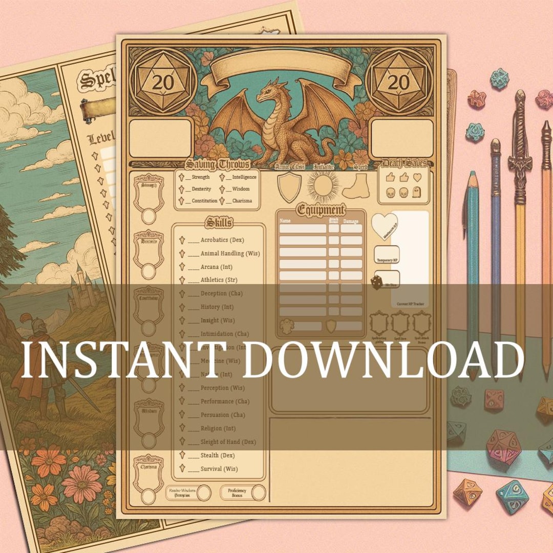 Fantasy Dragon Themed | Dnd Printable Character Sheet, RPG Character ...