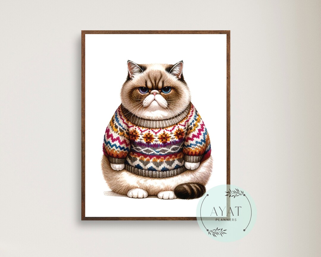 Chubby Cat in Cozy Sweater | Funny Kitty Décor | Funny Cat Art | Fat ...