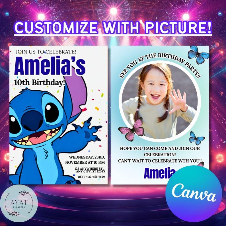 Stitch Birthday Invitation: Cartoon Party, Canva Template (digital ...