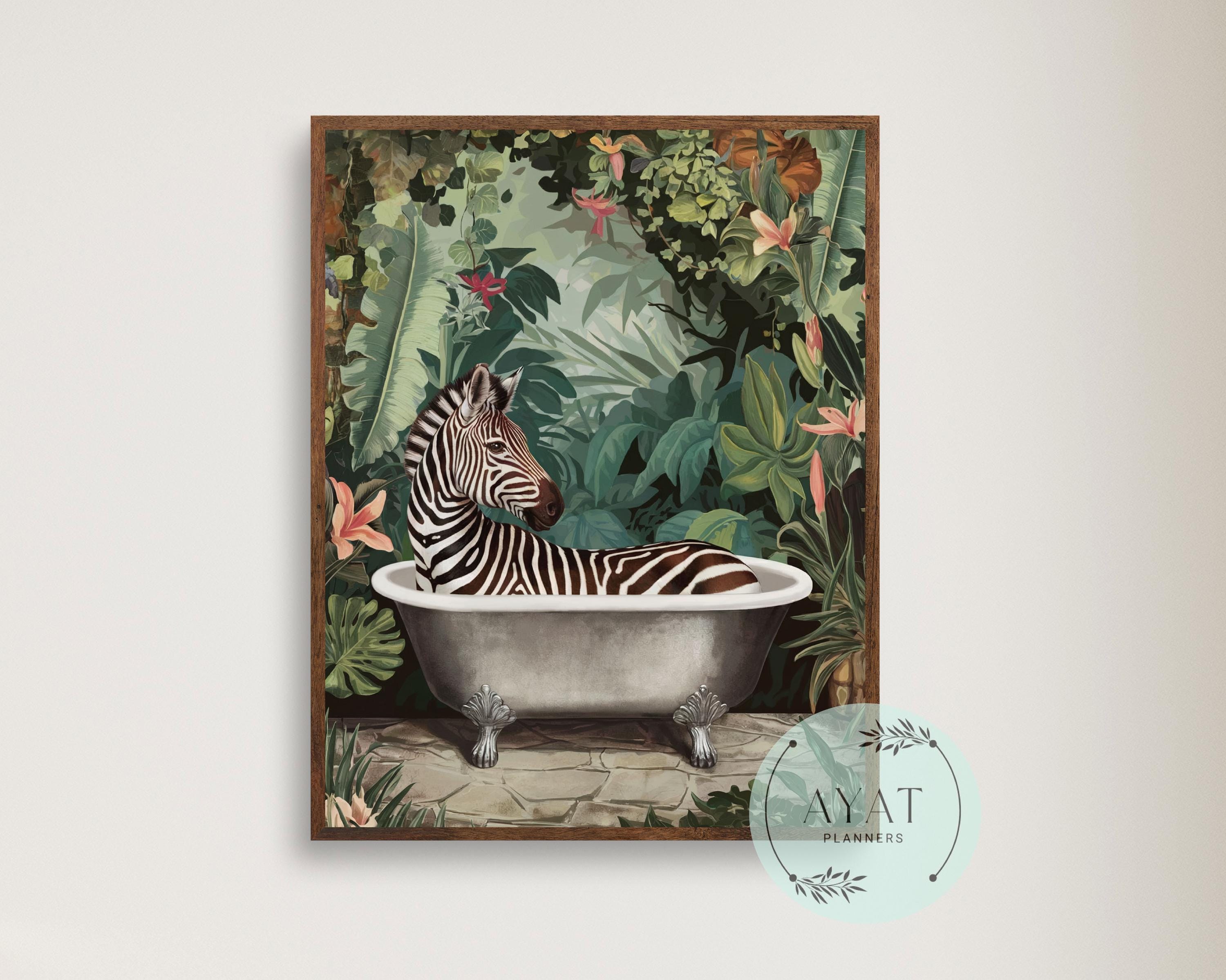Cute Zebra in a Tub, Bathroom Wall Art, Botanical Animal Print ...