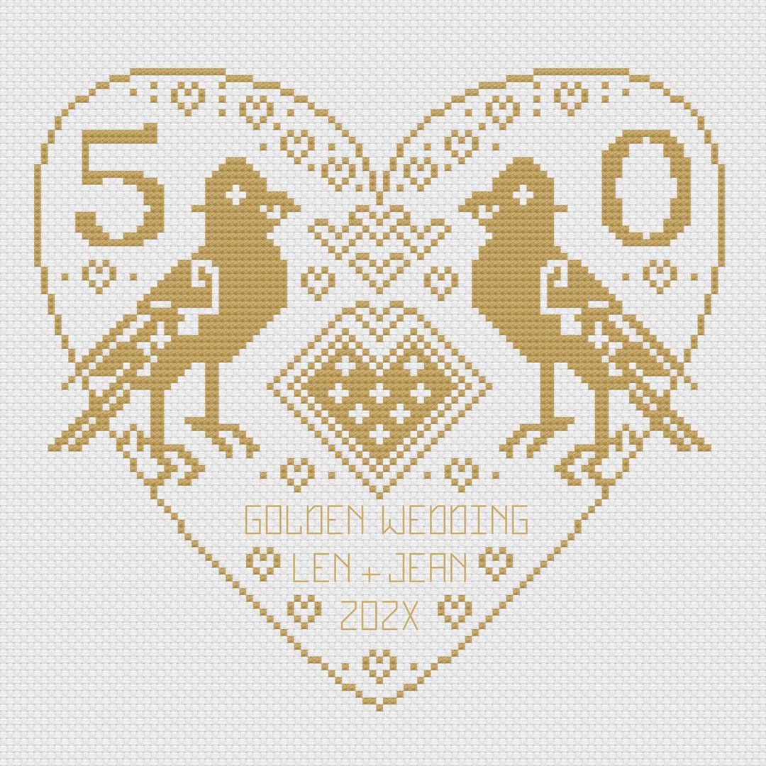 Love Birds Golden Wedding Anniversary Sampler Cross Stitch Digital ...