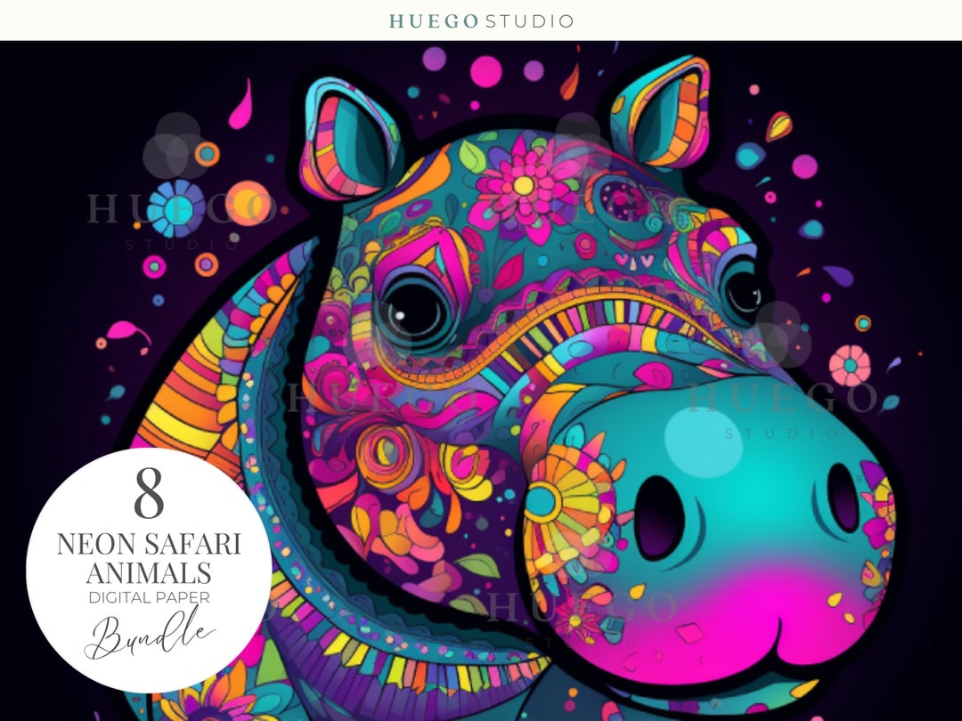 Animal Hippo Sublimation Design PNG Bundle Neon Cosmic Galaxy Safari ...