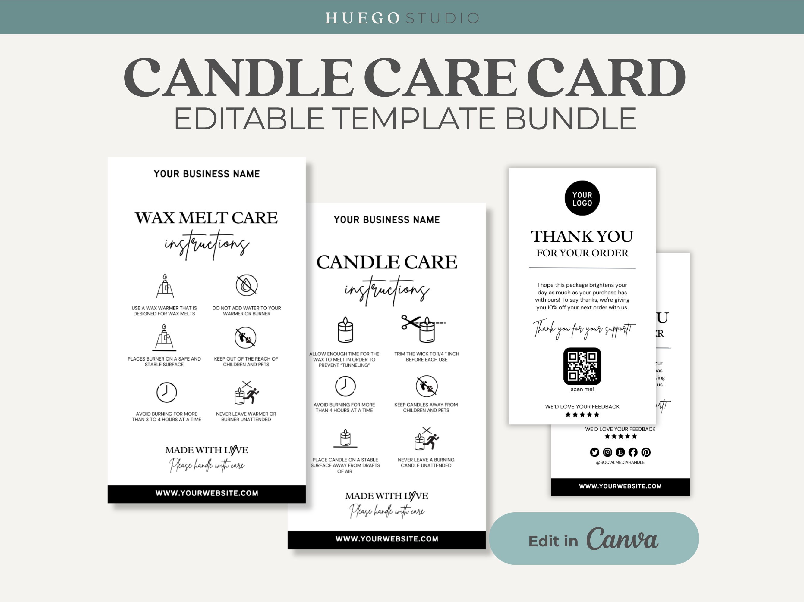 Editable Candle Care Card Template Product Care Card Canva Template ...