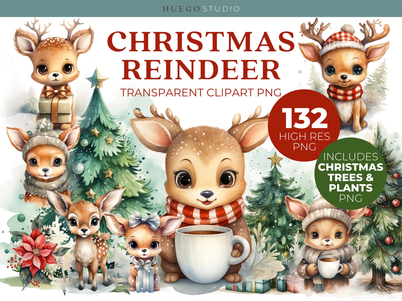 Cute Watercolor Reindeer Clipart Christmas Woodland Baby Animal ...