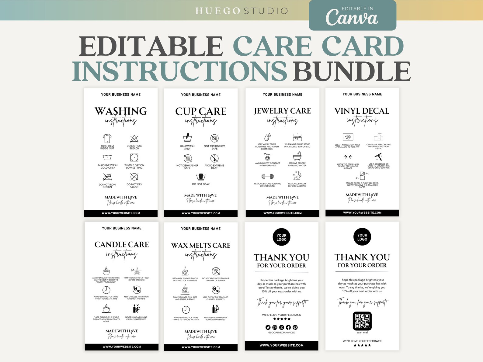 Editable Printable Care Card Bundle Washing Instructions Vinyl Decal ...
