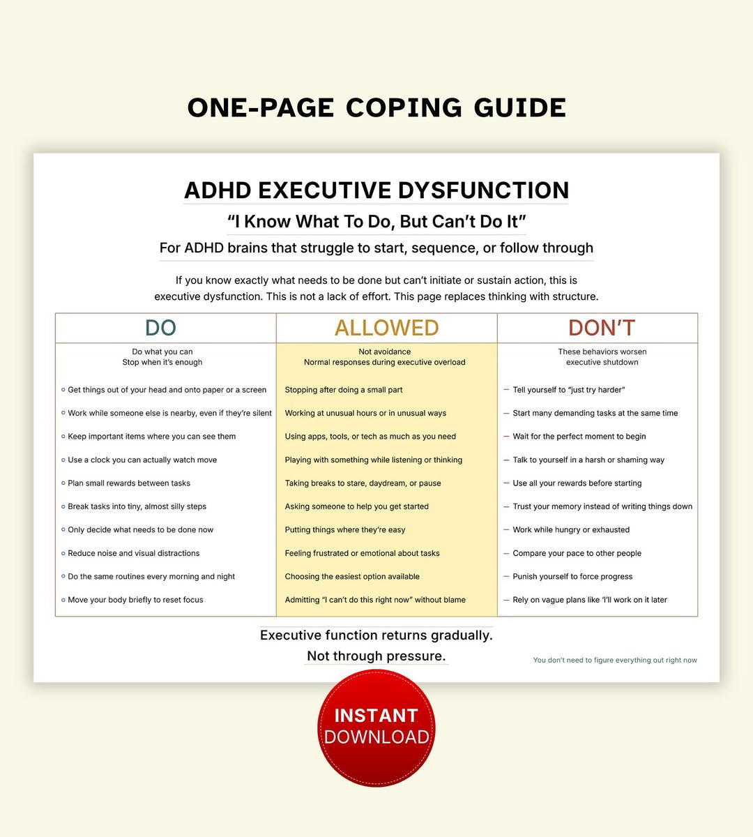 Executive Dysfunction in ADHD Cheat Sheet, Self Help Therapy Worksheet ...