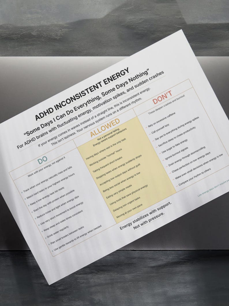 ADHD Inconsistent Energy Coping Skills, Energy Crash One Page Printable ...