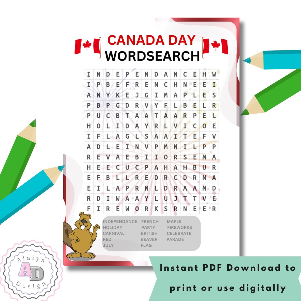 Canada Day Wordsearch Instant Download Printable PDF for Kids Colorful ...