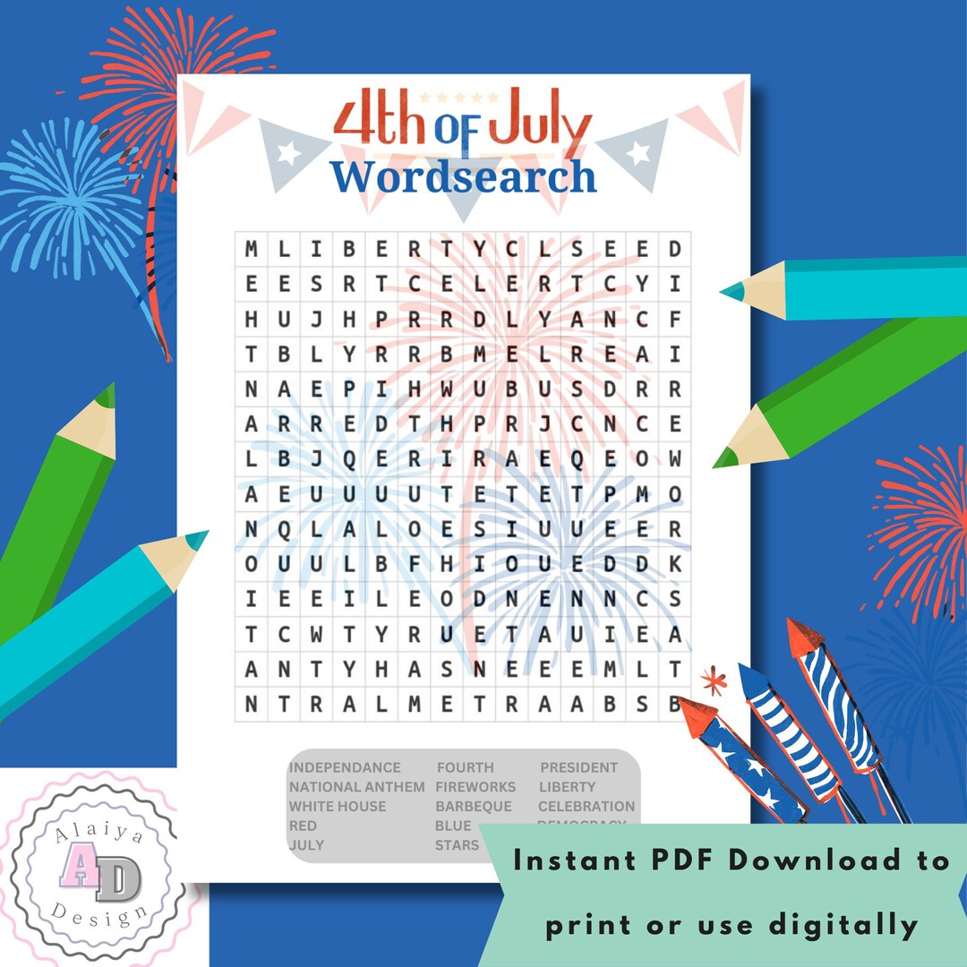 4th of July Wordsearch Instant Download Printable PDF for Kids Activity ...