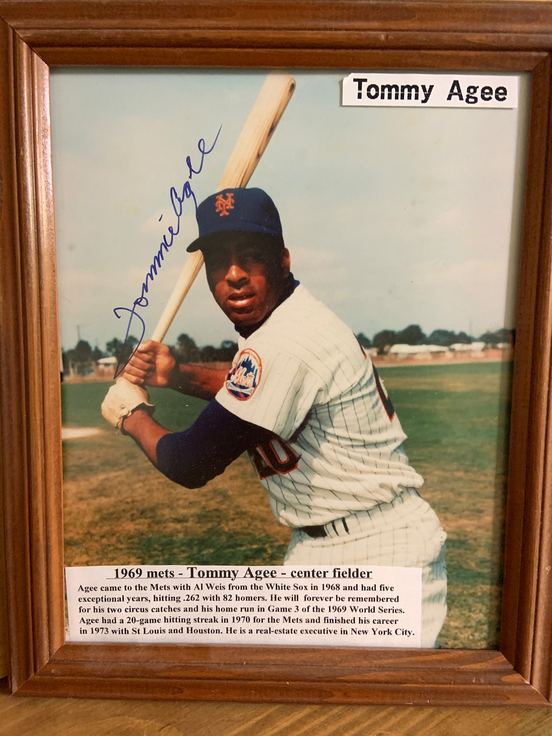 Tommy Agee Autographed 8 by 10 Photo Custom Made in Frame From 1969 ...